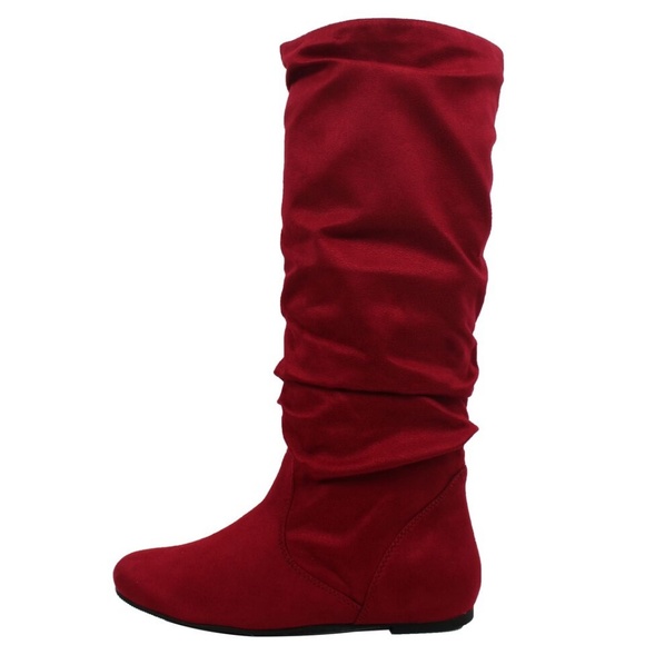 Shoes | Cherry Red Faux Suede Slouchy Knee High Flat Boot | Poshmark